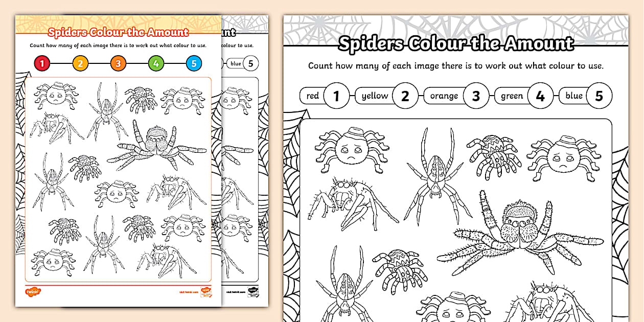 👉 Spiders Colour the Amount Worksheet (teacher made)