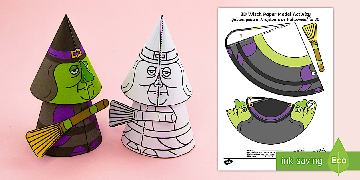 Black and White Simple Halloween 3D Witch Activity Paper Craft