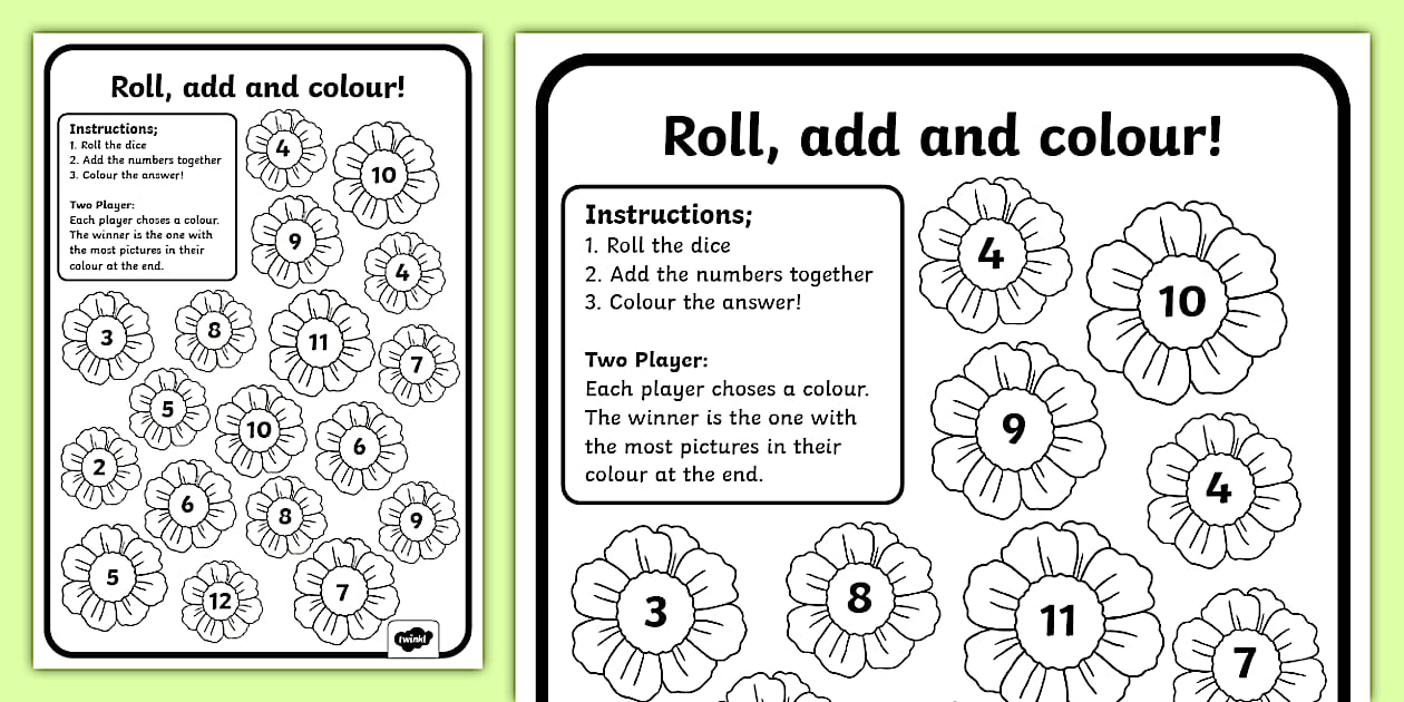 Flowers Roll and Colour Dice Addition Activity - Twinkl
