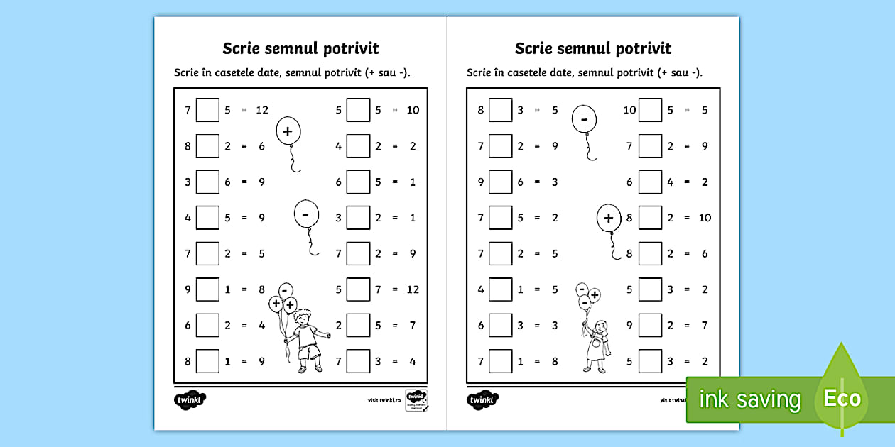 Scrie semnul potrivit + sau - Fișă de lucru - Twinkl