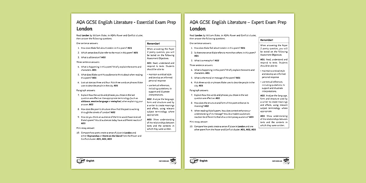 AQA Poetry: London - Differentiated Revision Worksheets