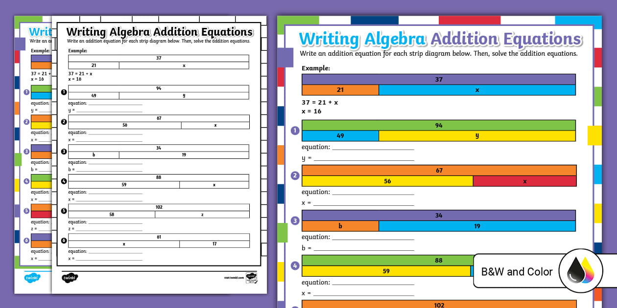 Algebra Writing Addition Equations with Strip Diagrams