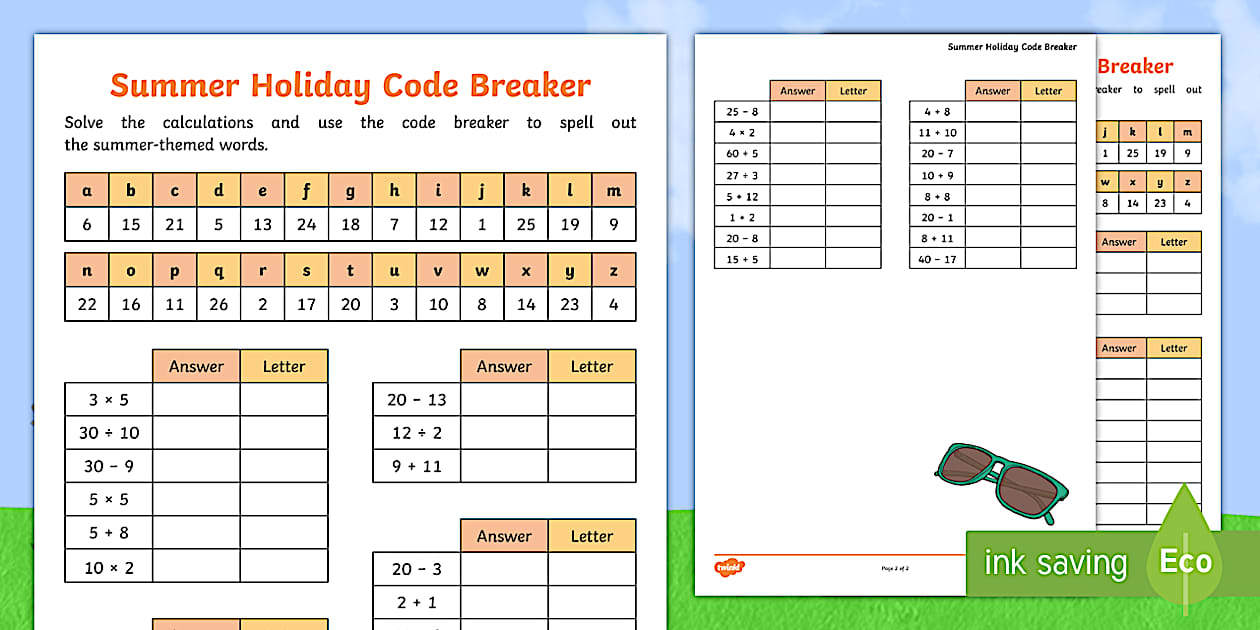 Summer-Themed Calculations Code Breaker Worksheet - Twinkl