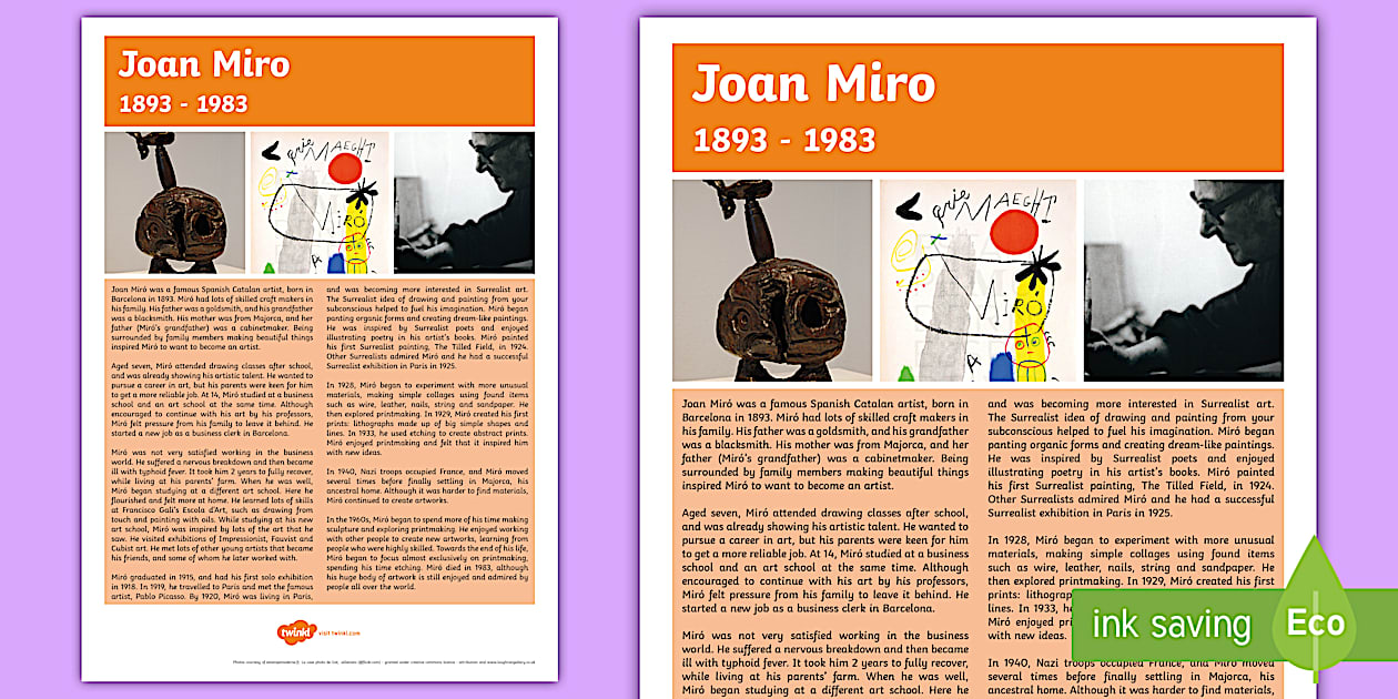 Artist Fact Sheet Joan Miro (Hecho por educadores) - Twinkl