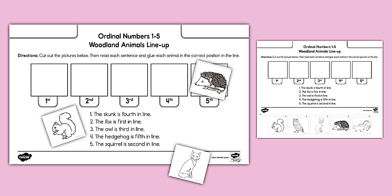 Ordinal Numbers 1-5 Woodland Animals Line-Up Worksheet
