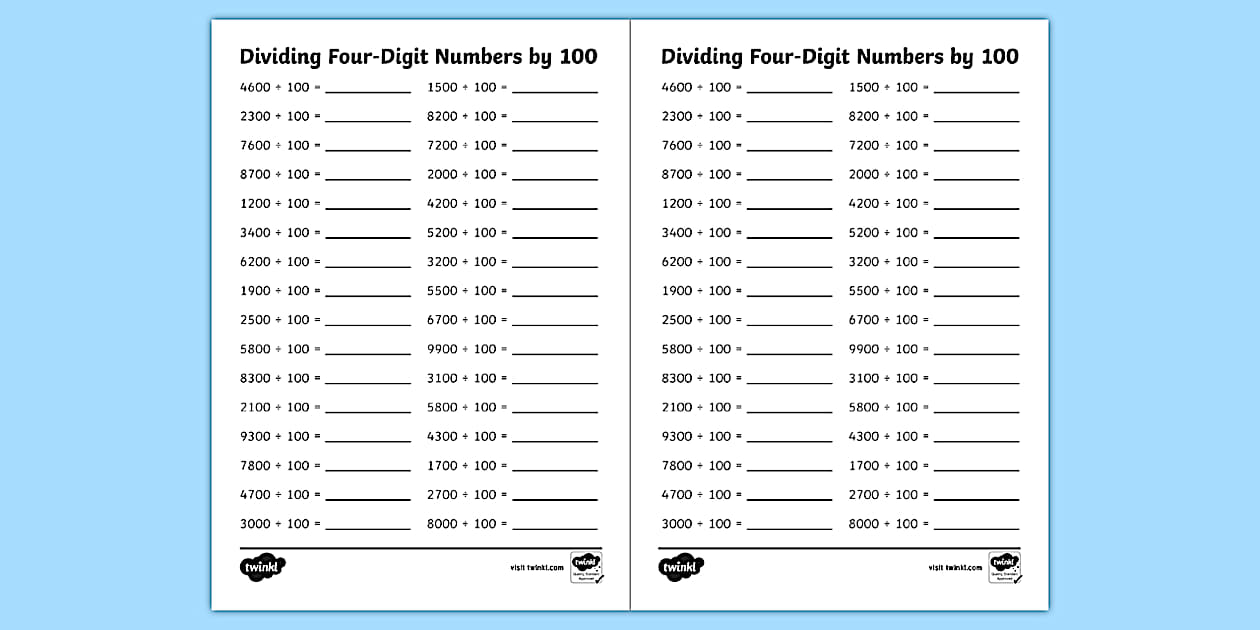 Dividing Four-Digit Numbers by 100 Worksheet - Twinkl