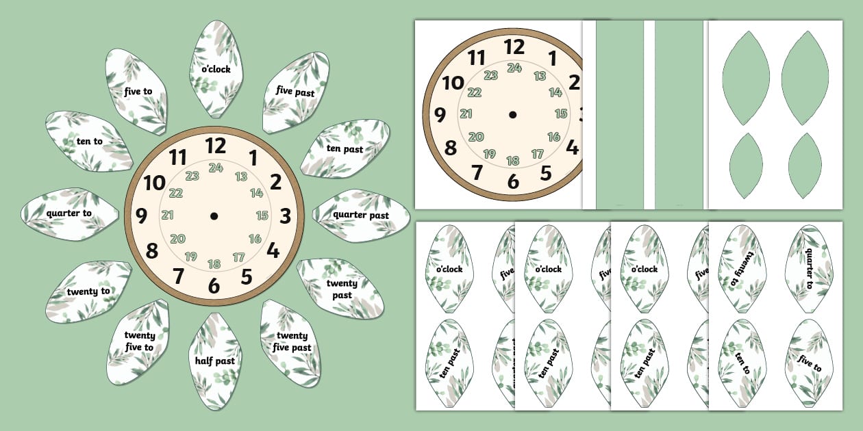 24 Hour Botanical Themed Analogue Clock Labels Cut-Outs