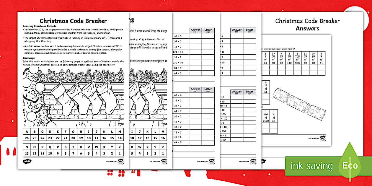 KS2 Christmas Code Breaker Differentiated Worksheets - English / Hindi ...