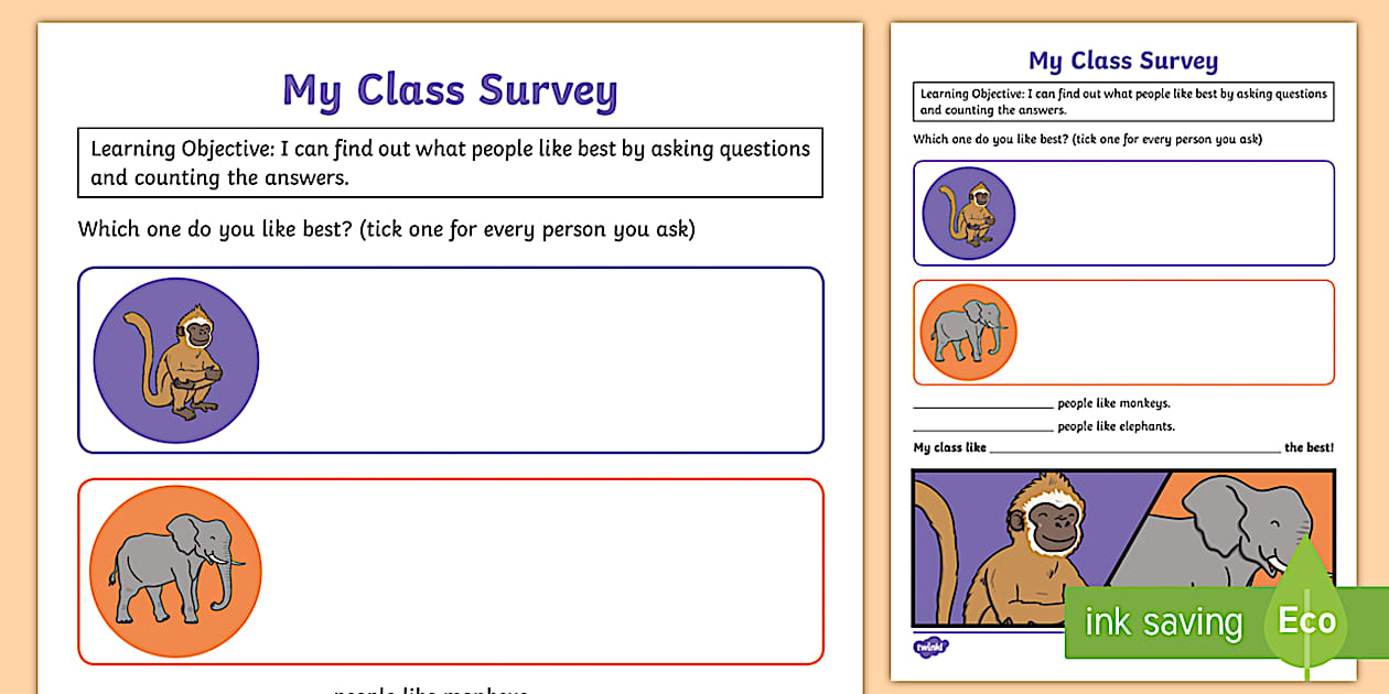 My Class Survey: Elephants or Monkeys Worksheet - Twinkl