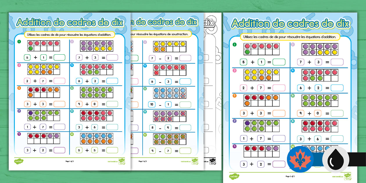 Addition and Subtraction with Ten Frames Activity French