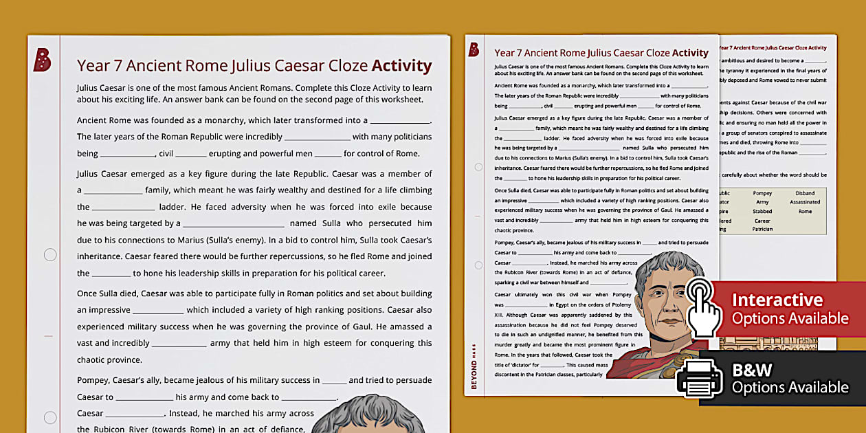 Year 7 Ancient Rome Julius Caesar Cloze Activity - Twinkl