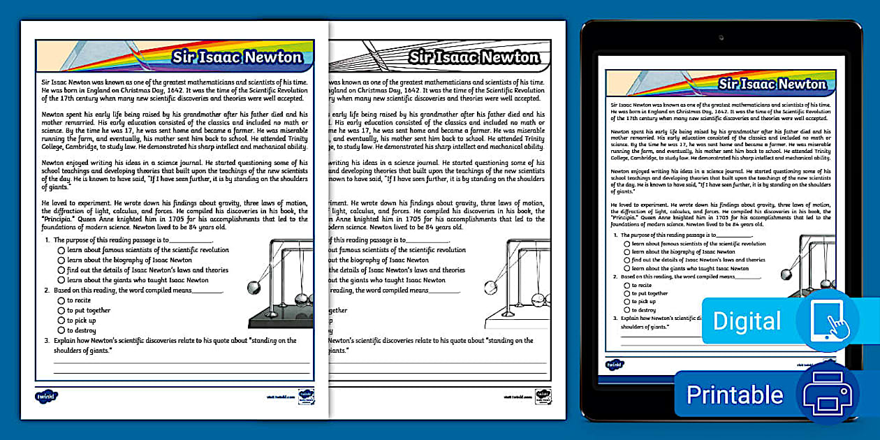 Sixth Grade Isaac Newton Reading Passage Comprehension