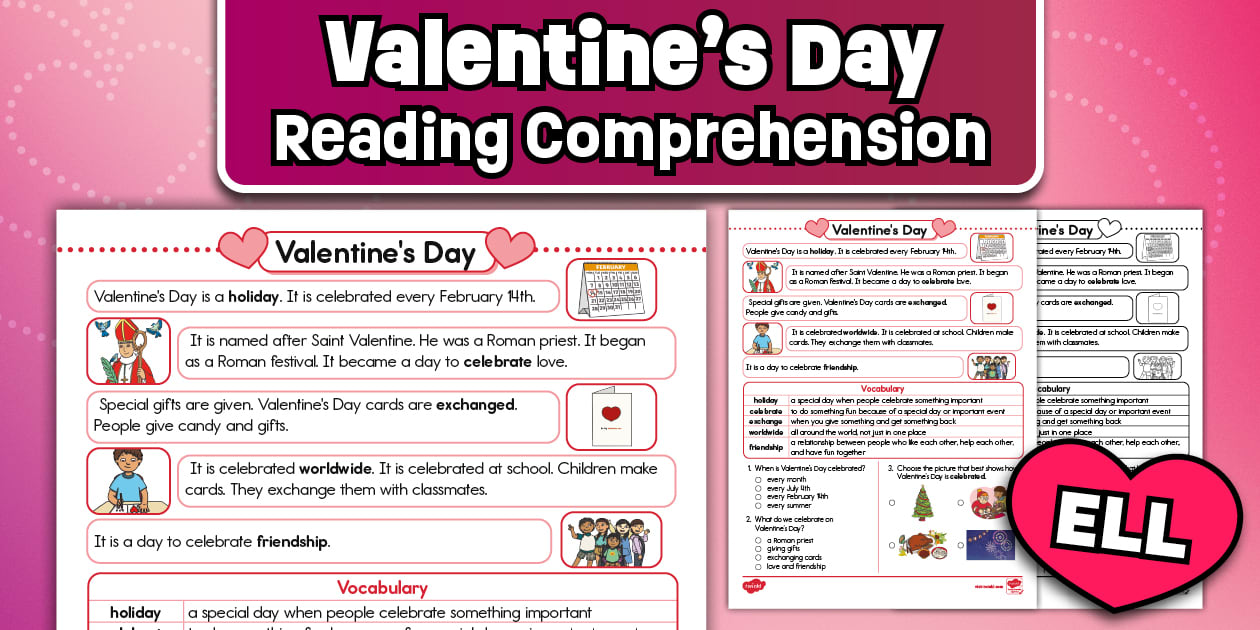 Valentine’s Day Reading Passage Comprehension Worksheet for ELL (1st Grade