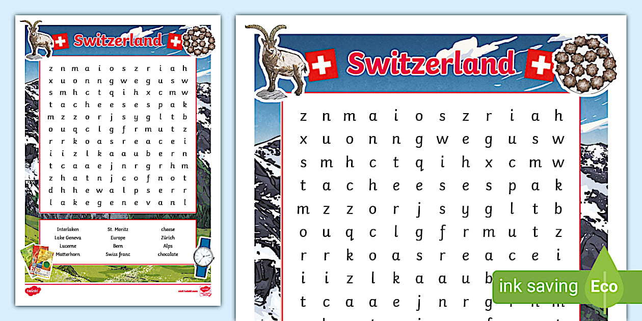 Switzerland Word Search, Switzerland (teacher made) - Twinkl