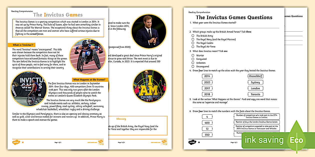 The Invictus Games KS2 Differentiated Reading Comprehension Activity