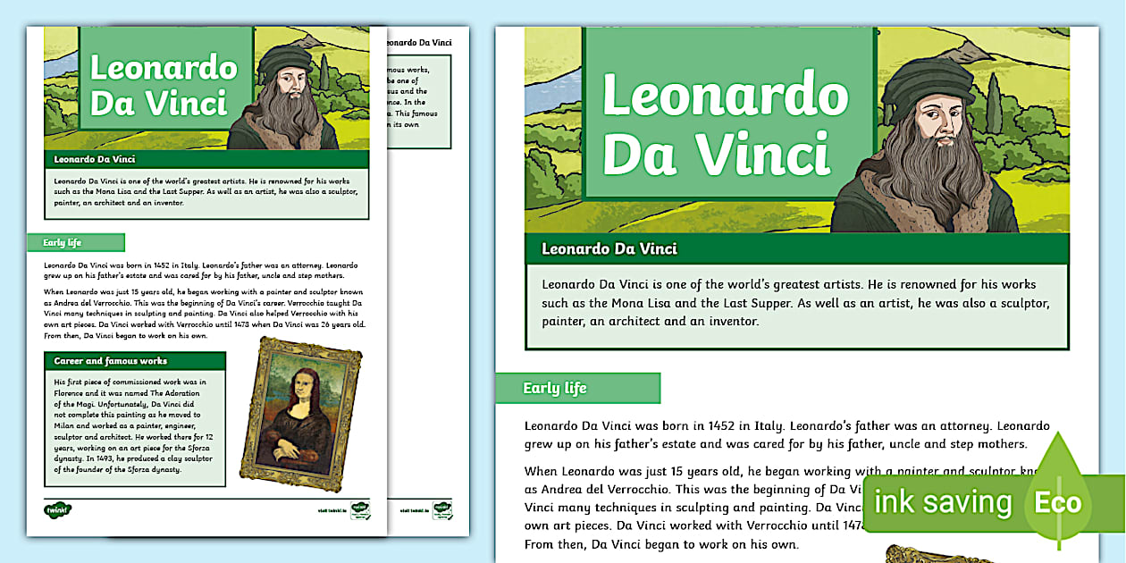 Reading Comprehension Homework Week 23 Leonardo Da Vinci 3rd/4th class