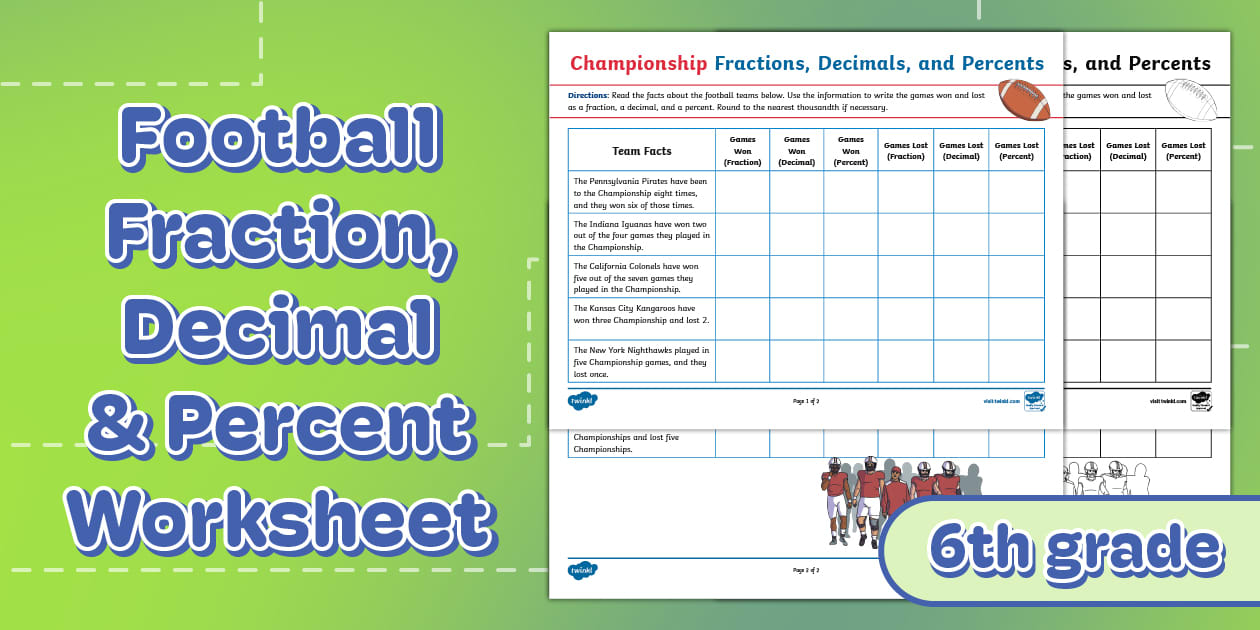 Sixth Grade Football Fraction, Decimal, and Percent Worksheet