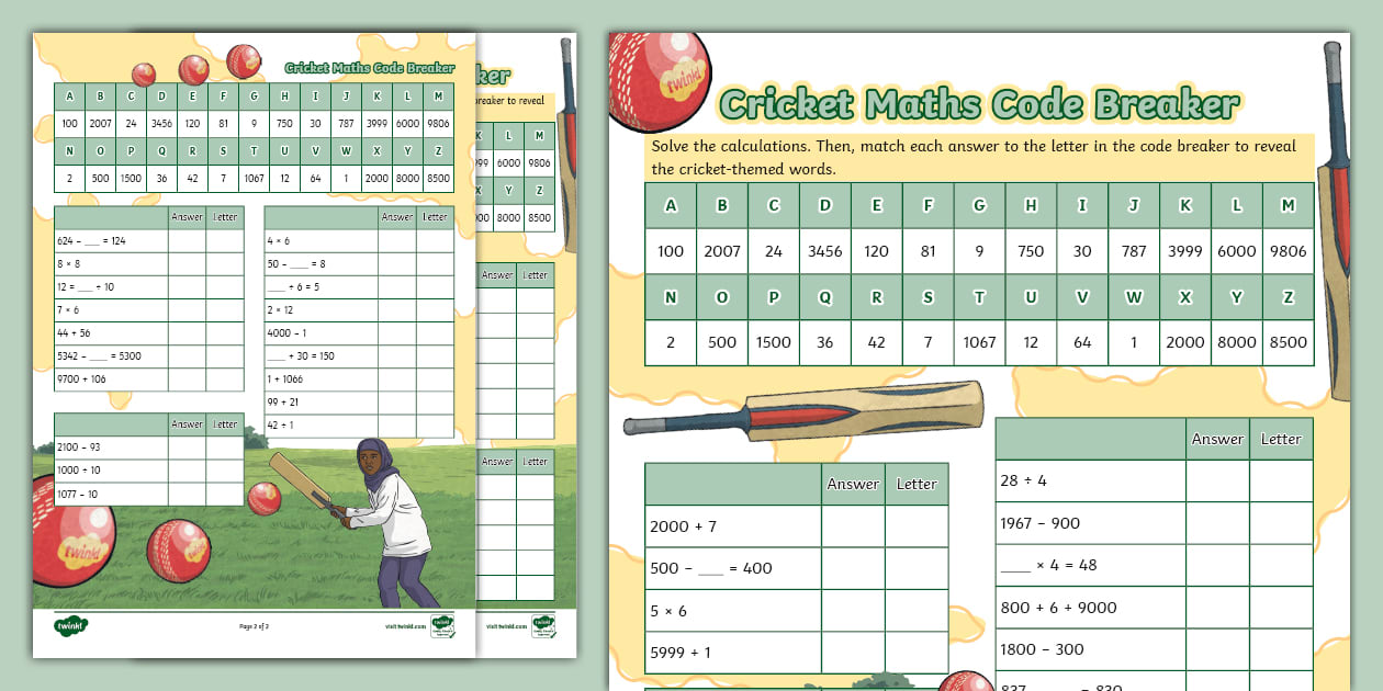 👉 Year 4 Cricket Maths Code Breaker (teacher made)