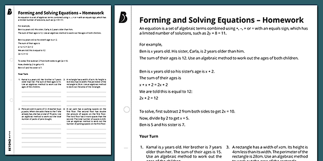 👉 Forming and Solving Equations - Homework | KS3 Maths