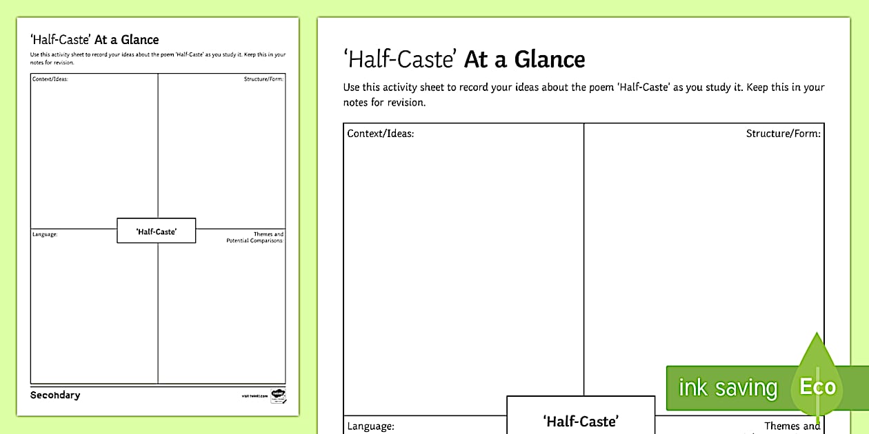 GCSE 'Half-Caste' by John Agard at a Glance Worksheet / Worksheet