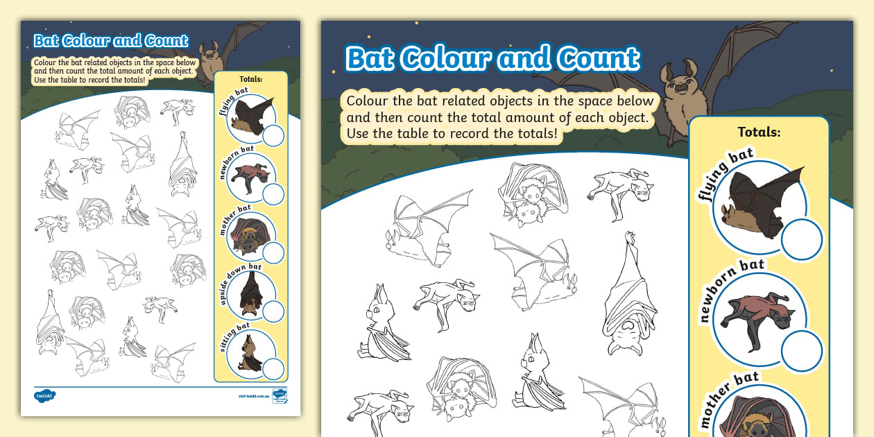 Bat Colour and Count Worksheet Maths Resources Twinkl