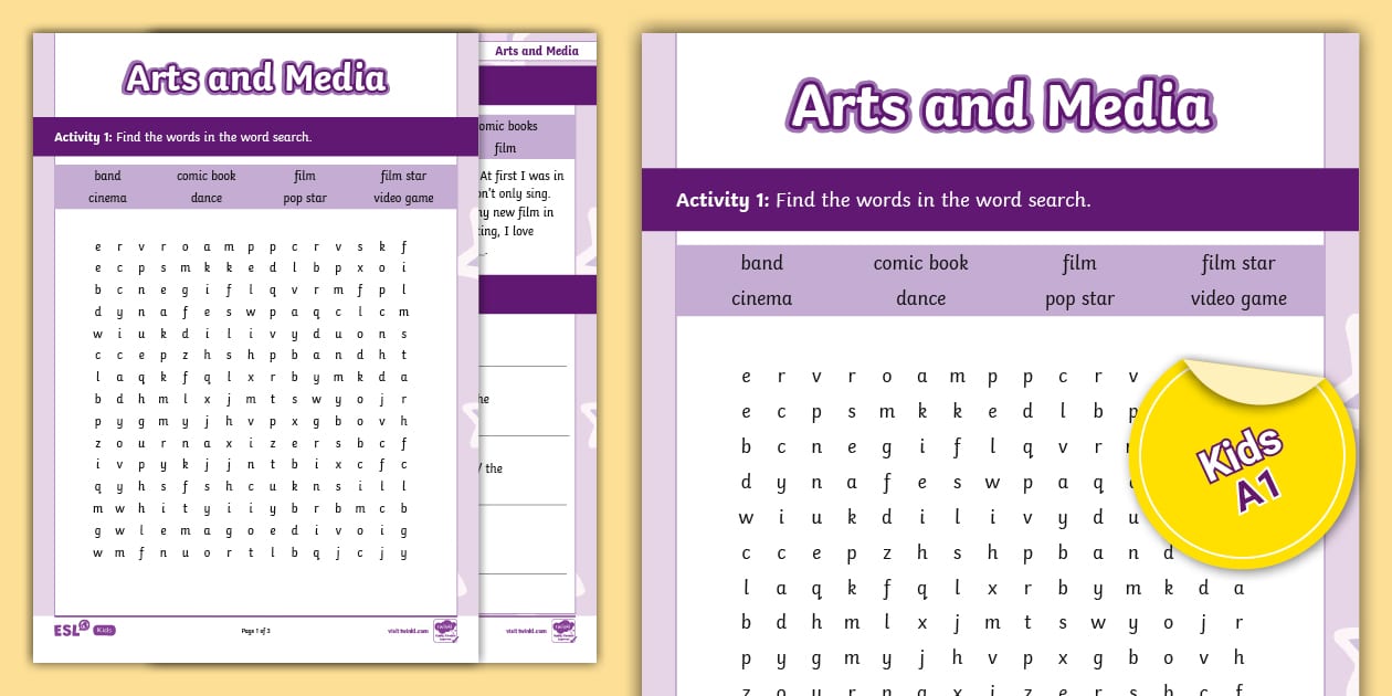 ESL Arts and Media Activity Sheet for Kids (teacher made)