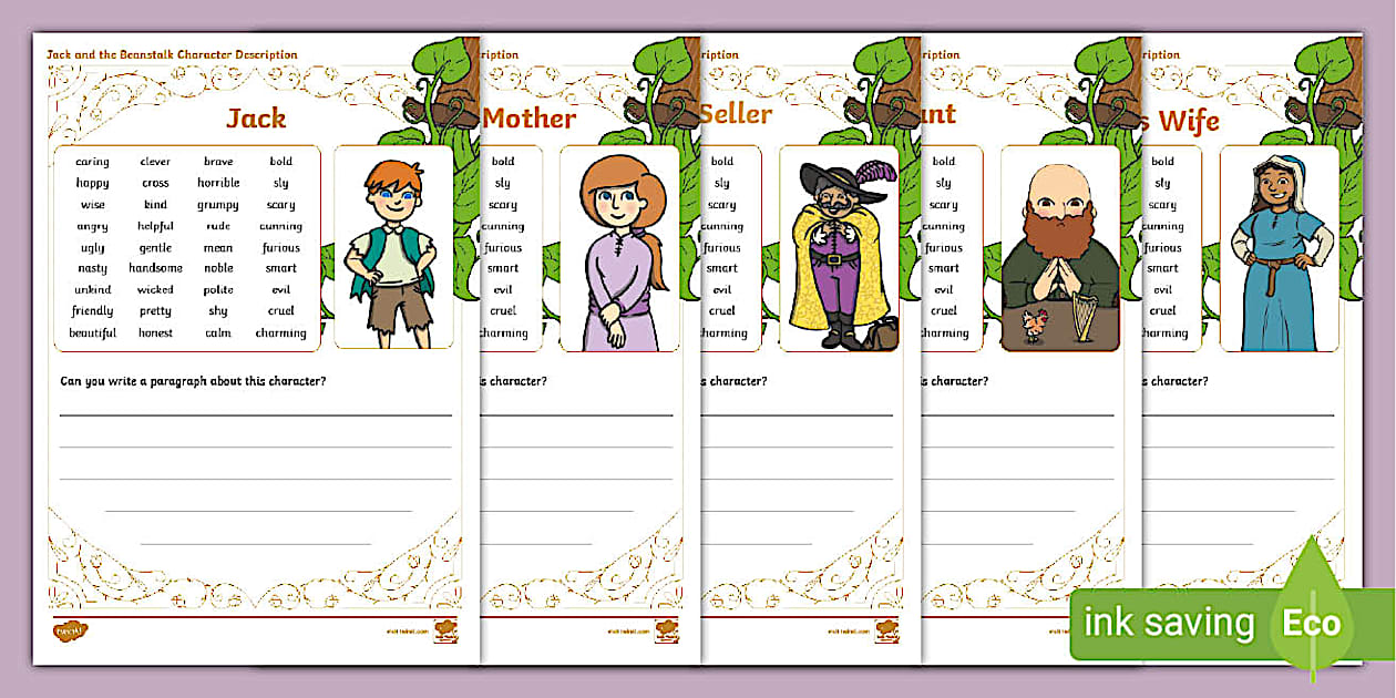 Editable Jack and the Beanstalk KS1 Character Description Writing Frames