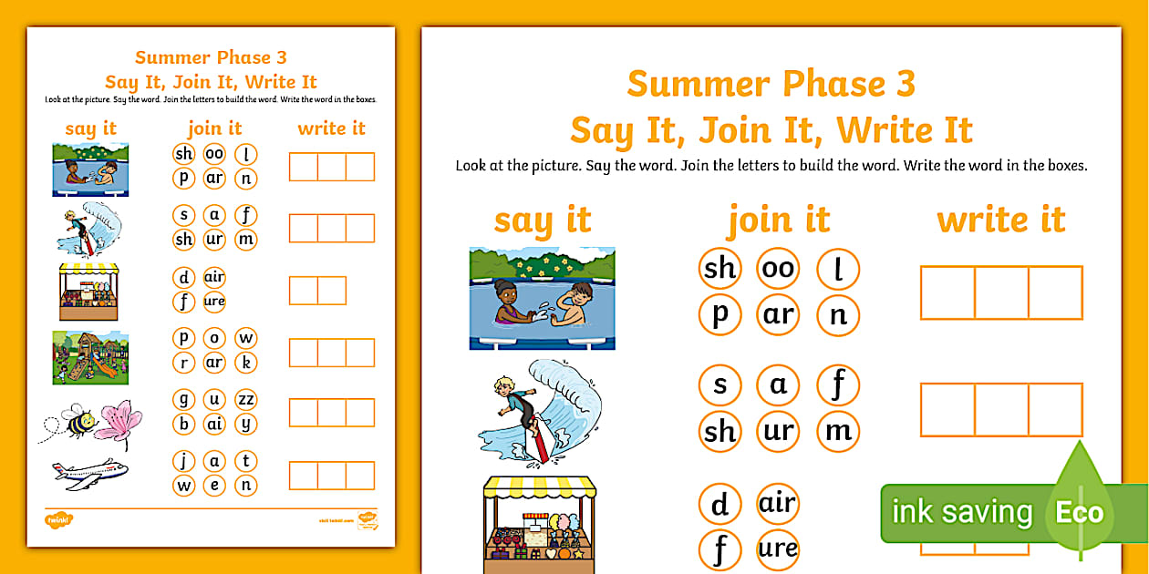 Summer Phase 3 Say It, Join It, Write It Activity - Twinkl