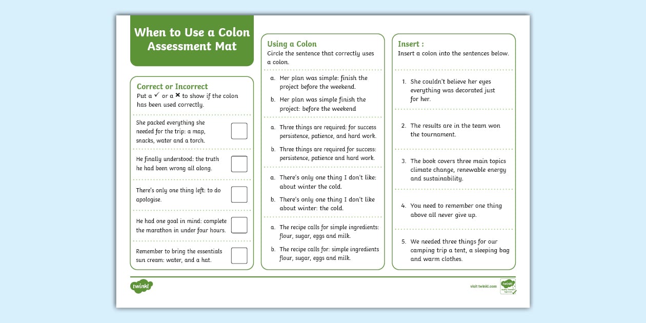 When to Use a Colon Assessment Mat (teacher made) - Twinkl
