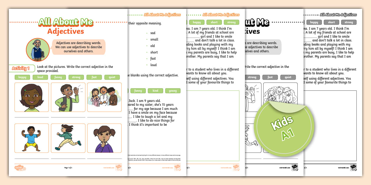 ESL All About Me Adjectives Worksheet for Kids - Twinkl