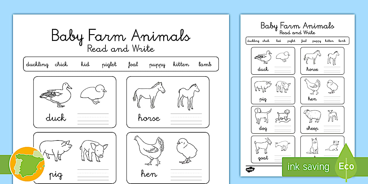 Ficha de actividad: Lee y escribe las crías de los animales d ela granja en