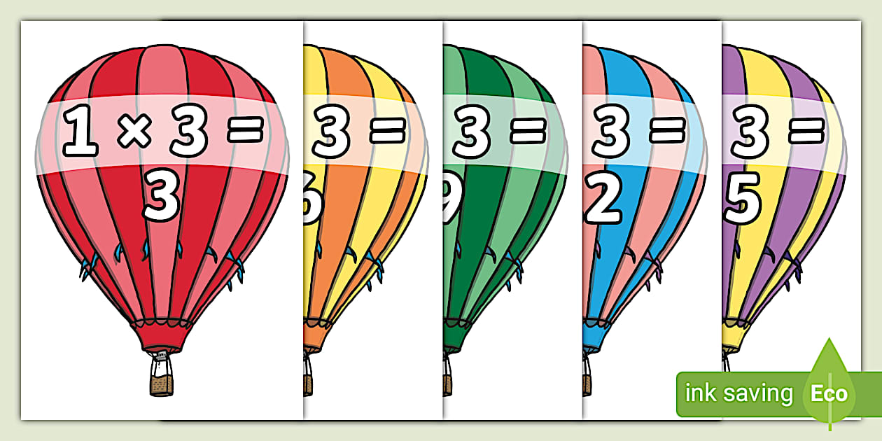 3 Times Tables on Hot-Air Balloons Display Cut-Outs - Twinkl