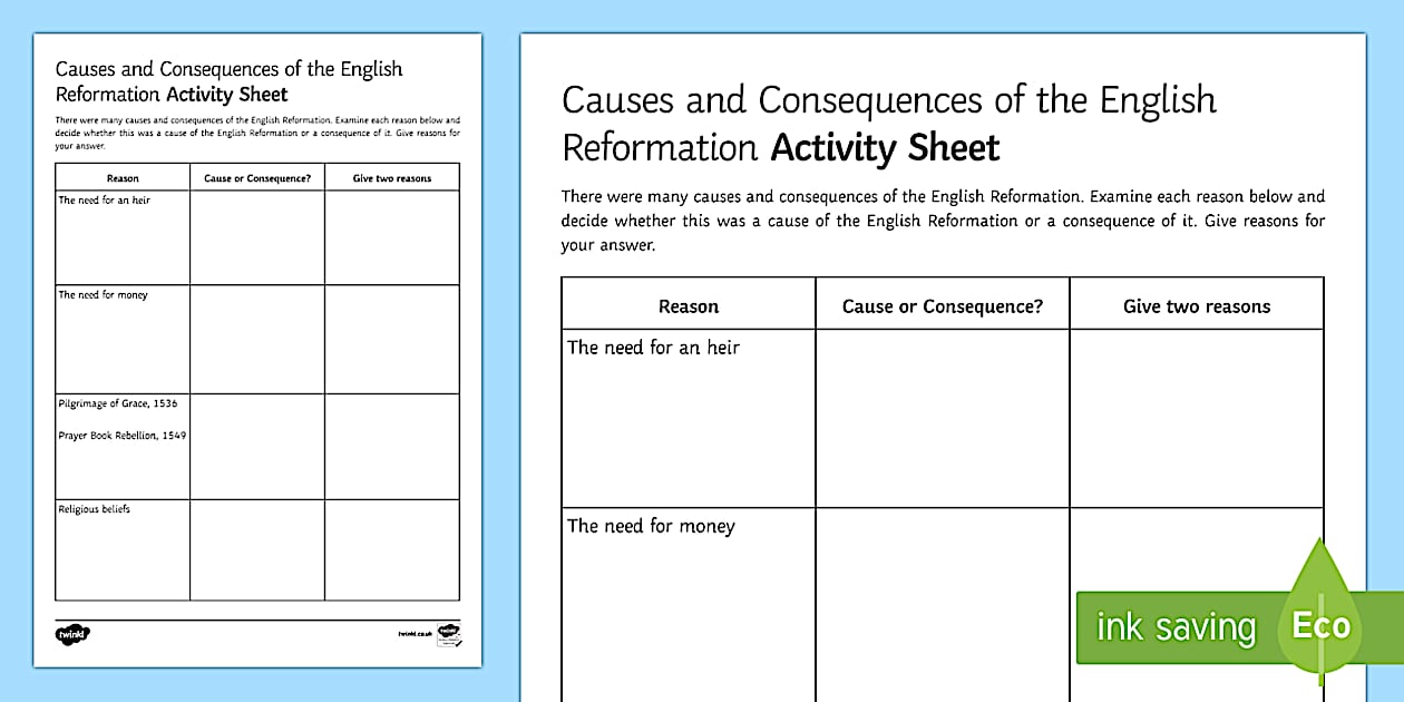 Causes and Consequences of the English Reformation Worksheet / Worksheet