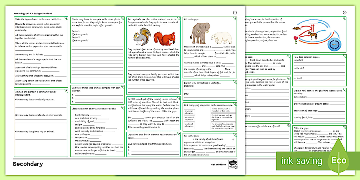 AQA Biology (Combined) Unit 4.7: Ecology Foundation Revision Activity Mat