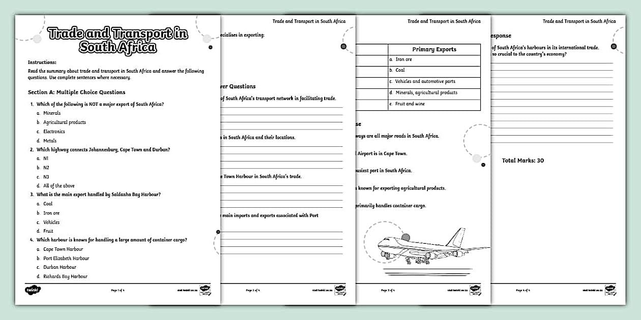 Grade 8 Geo: Trade and Transport in South Africa Worksheet