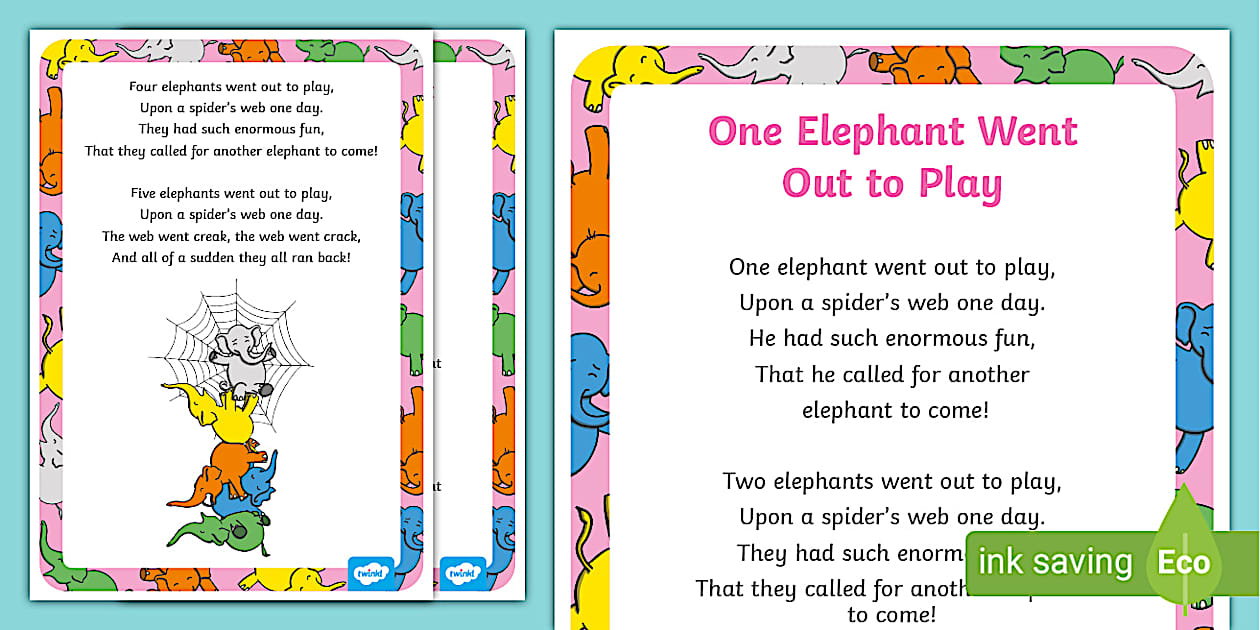 Black and White One Elephant Went Out to Play Nursery Rhyme Poster