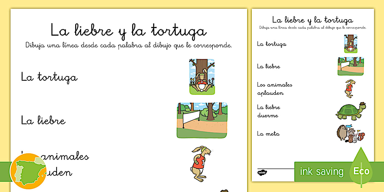 Ficha de emparejar palabra con dibujo: La liebre y la tortuga