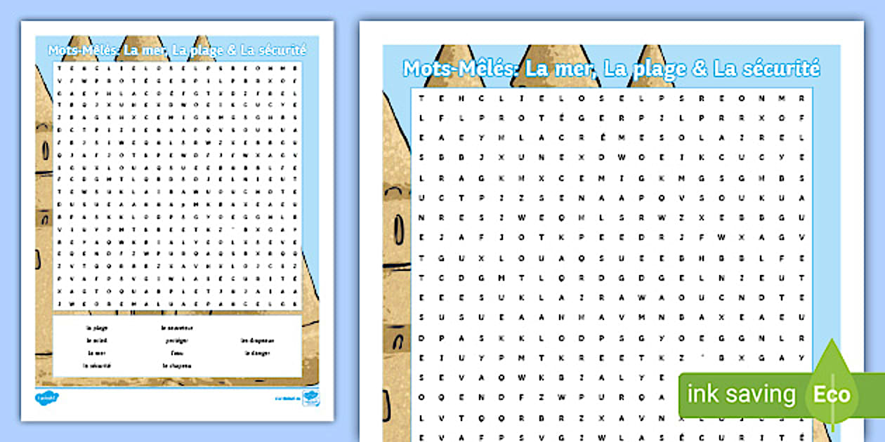 French Language Differentiated Beach Word Search - Twinkl
