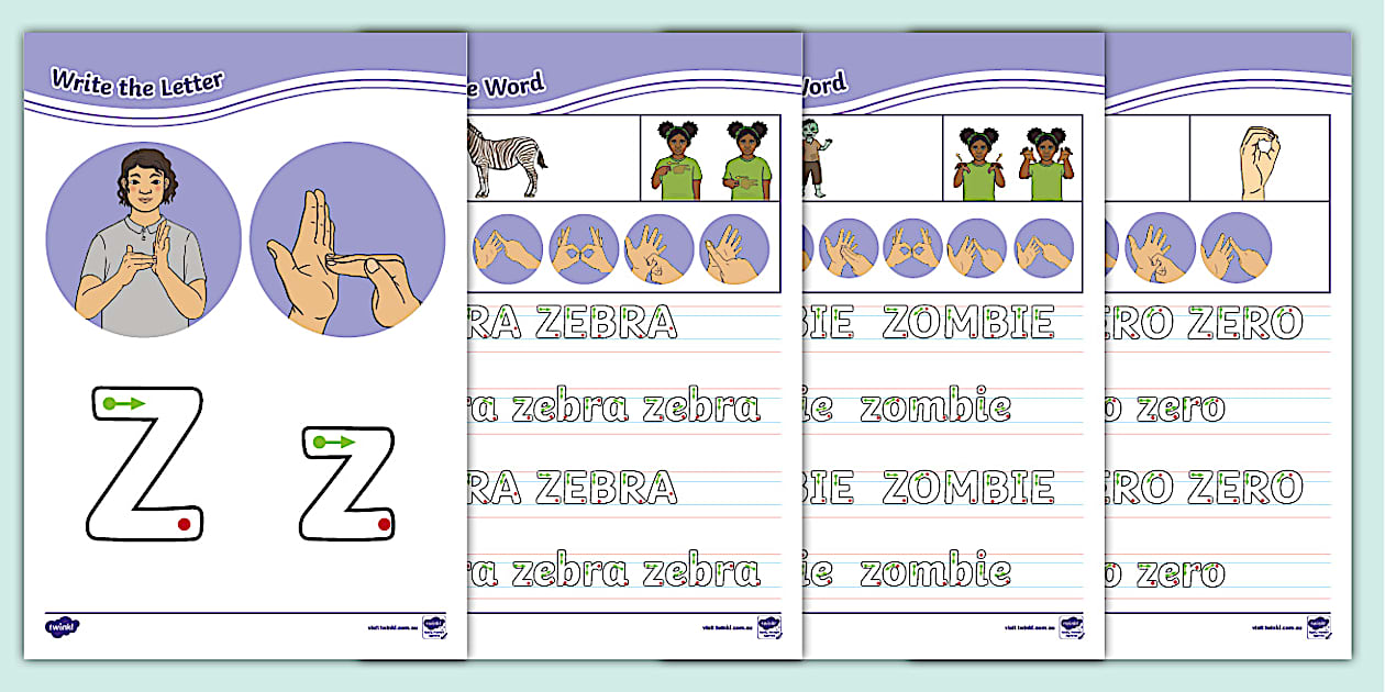 Words Starting with Z Handwriting Worksheets with Auslan
