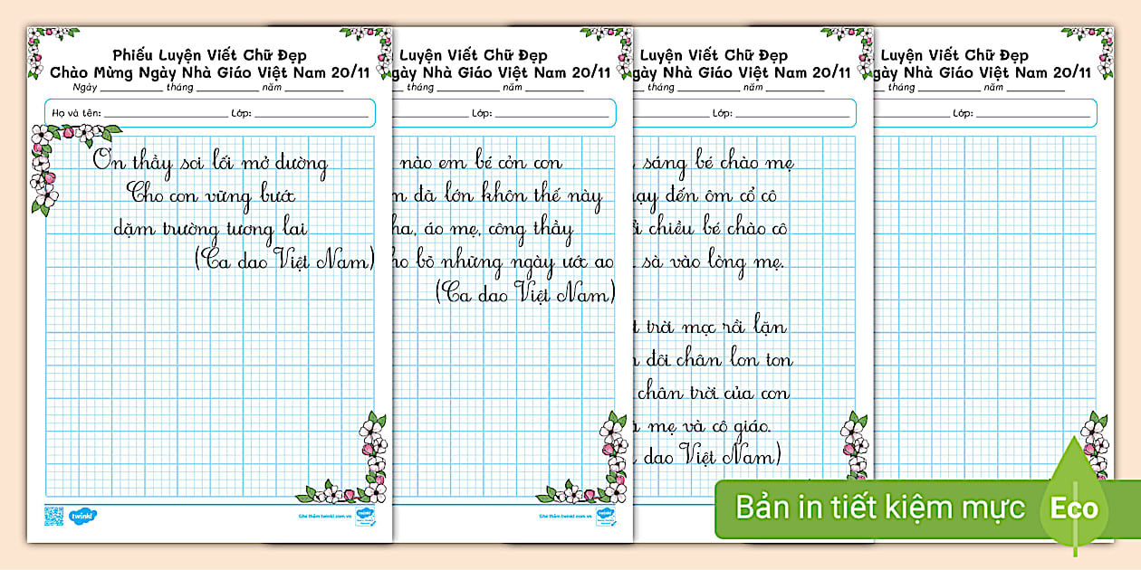 Phiếu Luyện Viết Chữ Đẹp Chào Mừng 20/11 Dành Cho Học Sinh Lớp 1