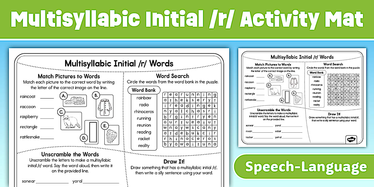 Multisyllabic Initial /r/ Carryover Practice Activity Mat