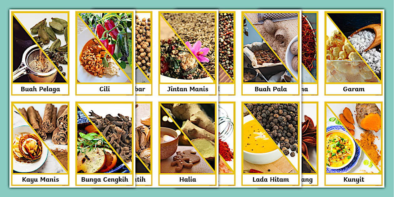Jenis- jenis rempah ratus seperti cengkih manis, buah pelaga, cengkih.
