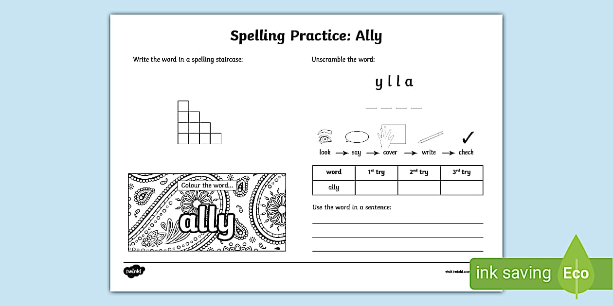 Ally Spelling Practice Worksheet (teacher made) - Twinkl