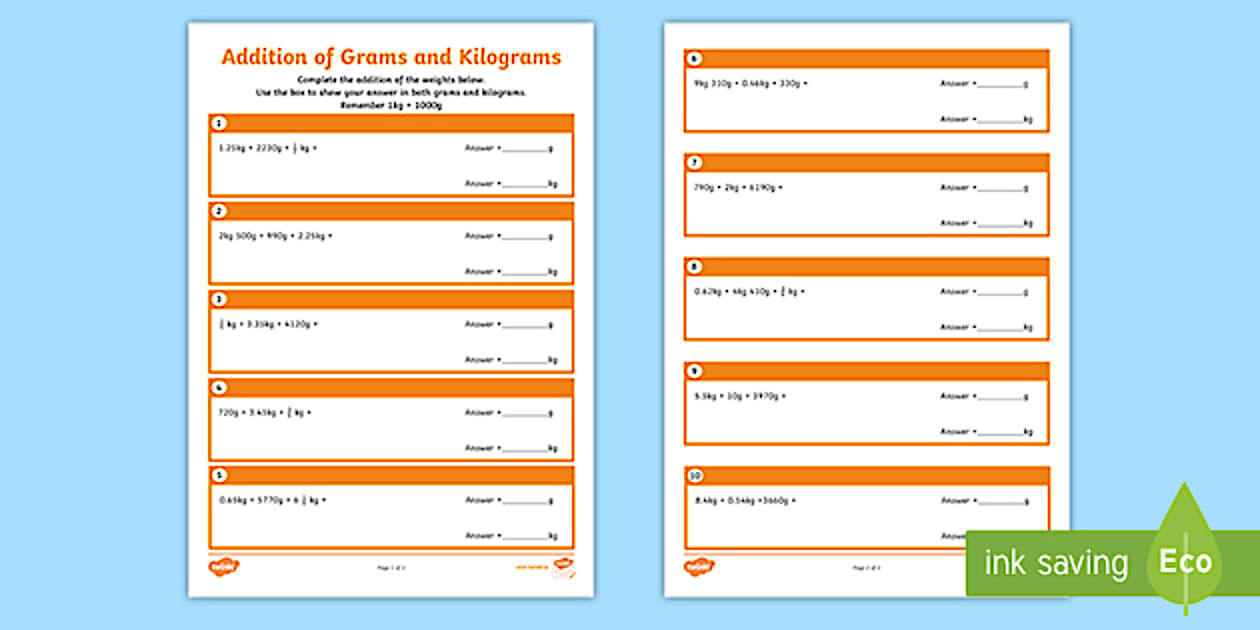 Addition of Grams and Kilograms Worksheet (teacher made)