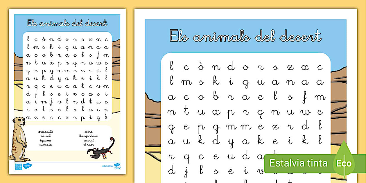 Sopa de lletres: Animals del desert - Valencià - Twinkl