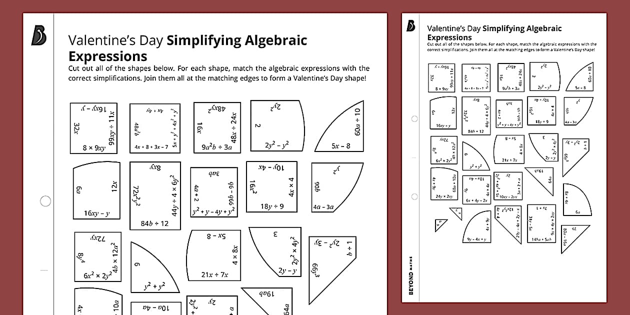 Valentine's Day Simplifying Algebraic Expressions - Beyond
