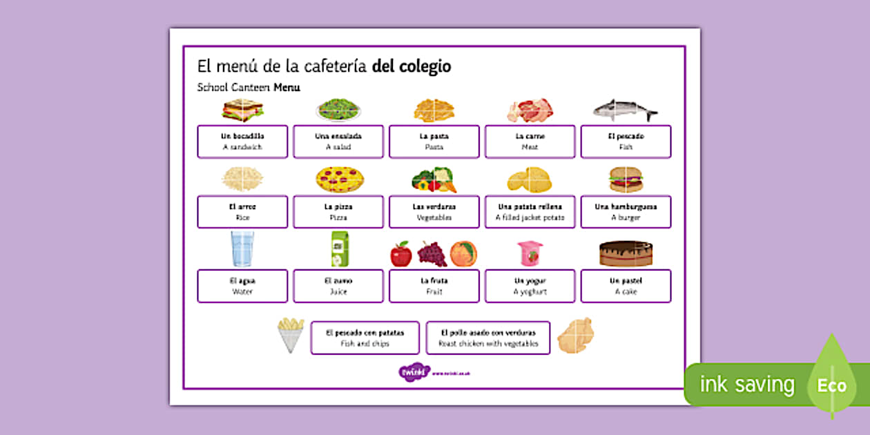 Food and Meals at the School Canteen Word Mat Spanish Translation