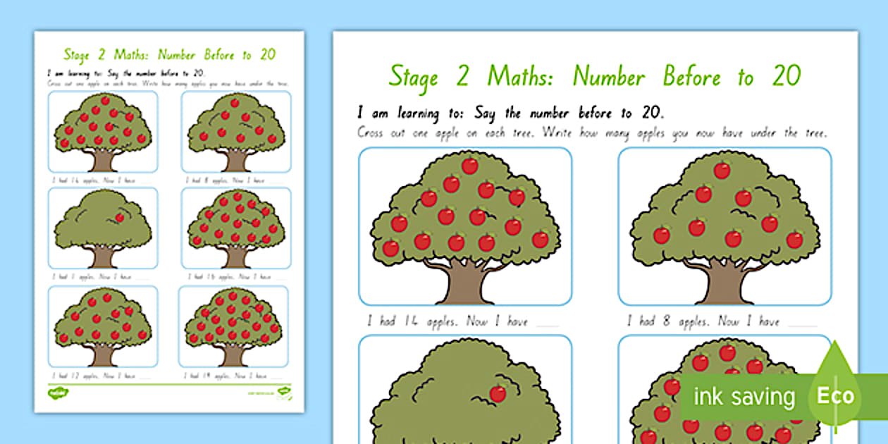 New Zealand Maths Stage 2 Number Before to 20 Apples Worksheet