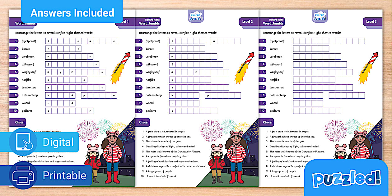 Fun Bonfire Night Word Jumble Puzzle Pack - AL - Twinkl