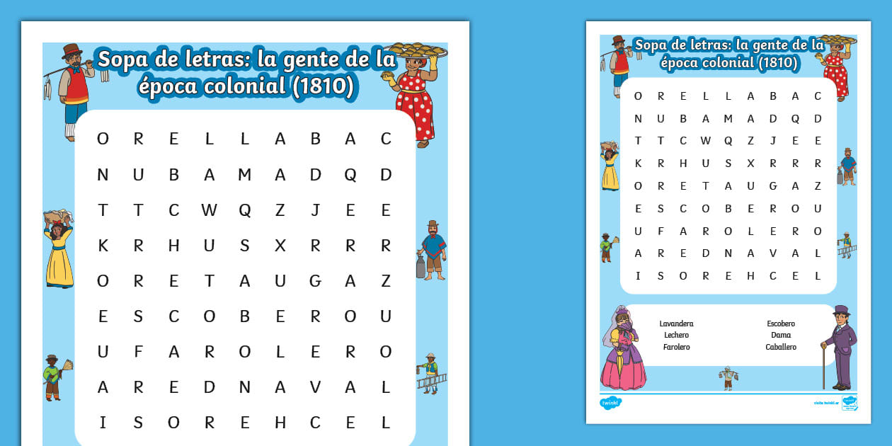 Sopa de letras: la gente de la época colonial (1810) -Twinkl